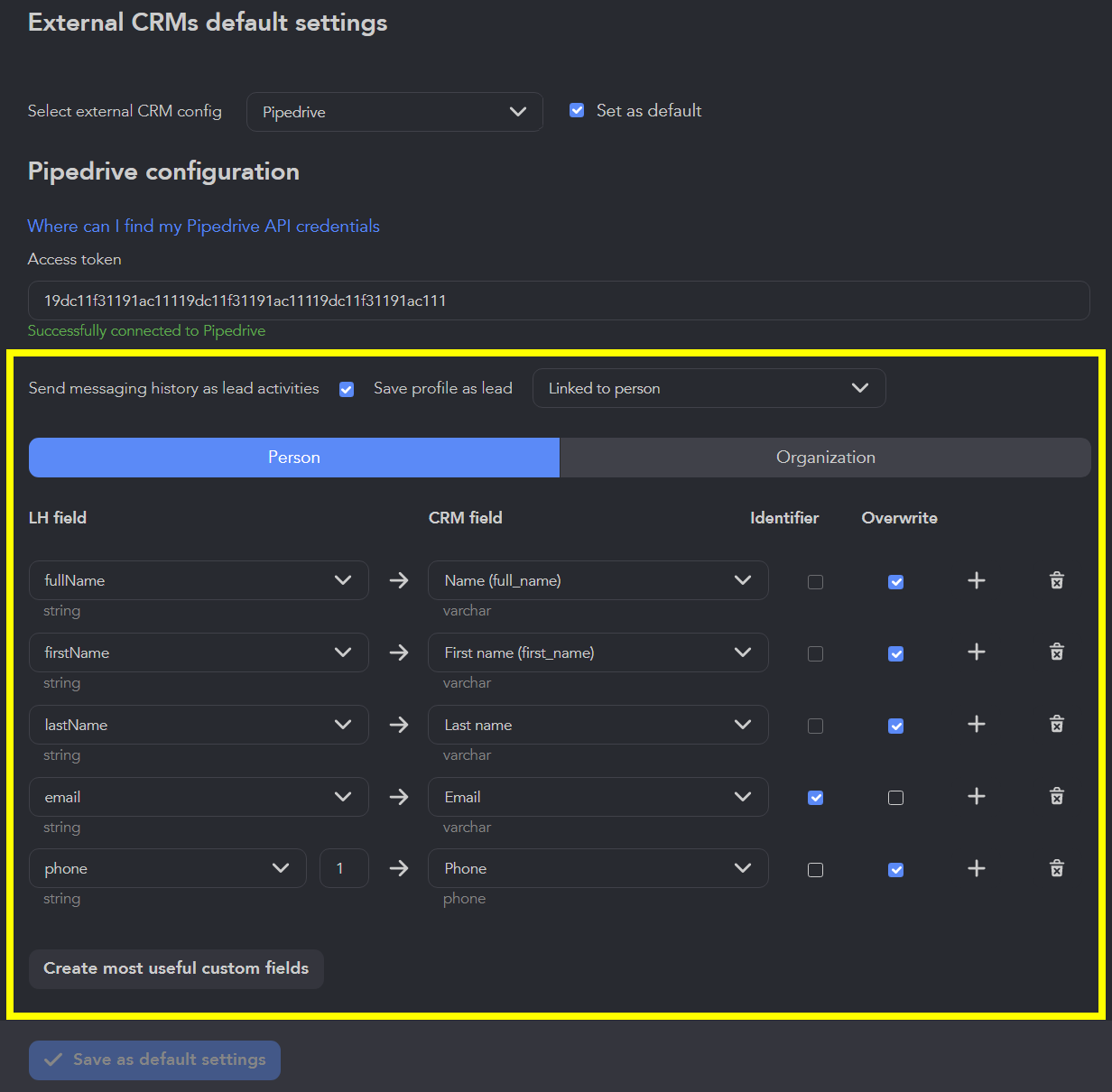 External CRMs sub-menu – Linked Helper