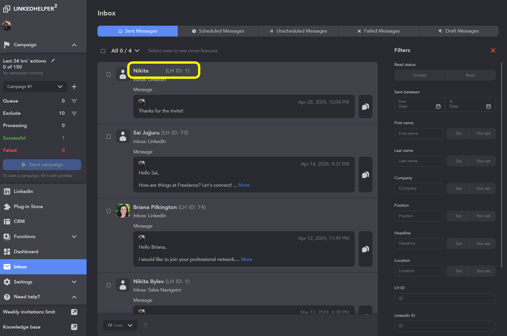 Inbox plug-in – Linked Helper