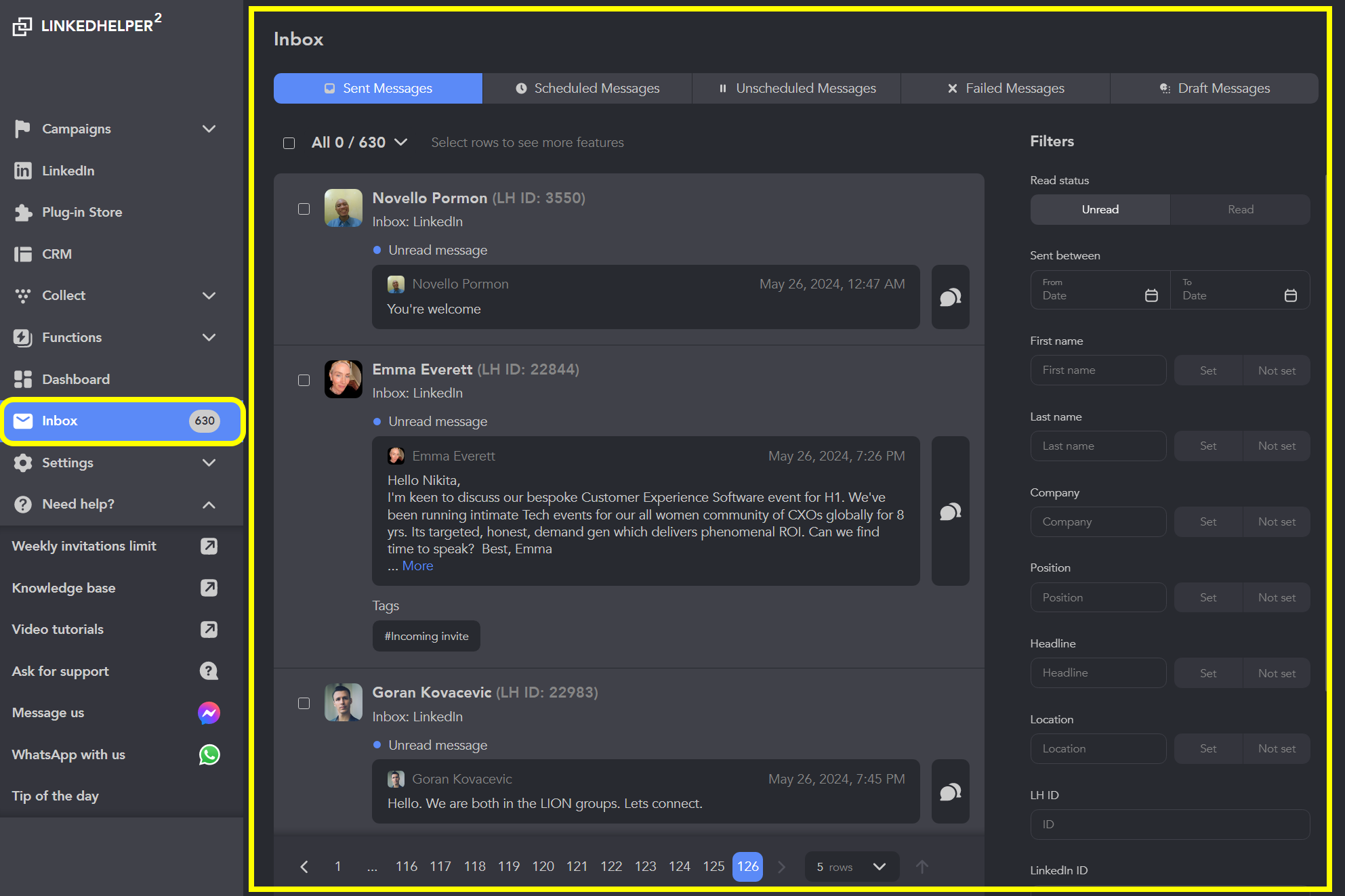 Linked Helper Inbox menu – Linked Helper