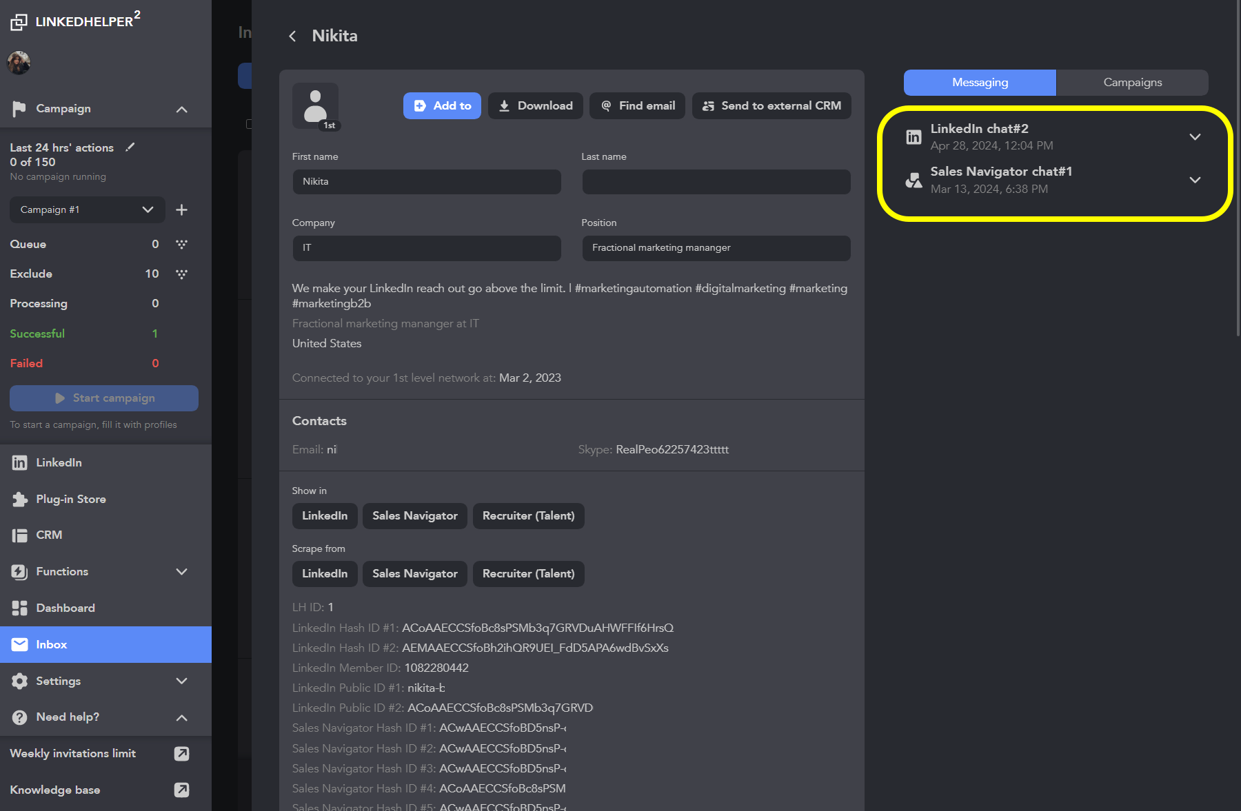 Linked Helper Inbox menu – Linked Helper