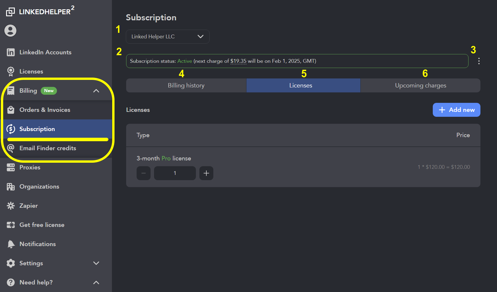 Subscriptions sub-menu – Linked Helper